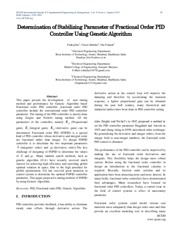(PDF) Determination of Stabilizing Parameter of Fractional Order PID Controller Using Genetic ...