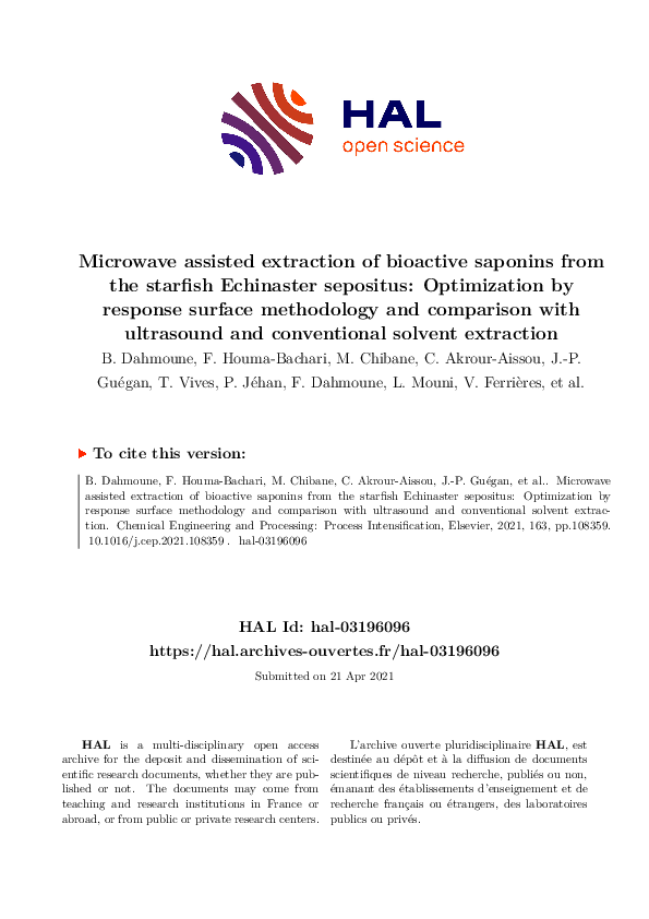(PDF) Microwave assisted extraction of bioactive saponins from the starfish Echinaster sepositus ...