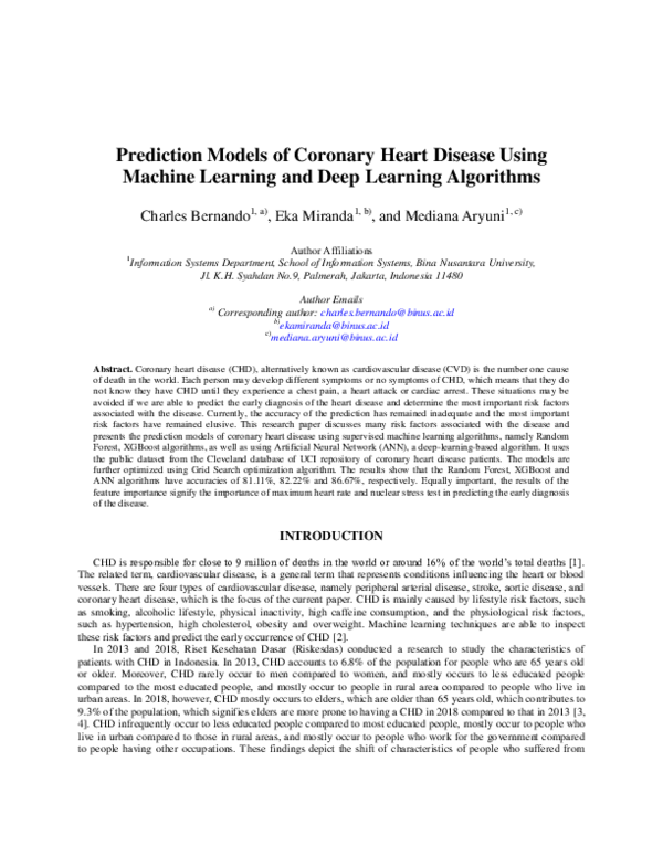 (PDF) Prediction Models of Coronary Heart Disease Using Machine Learning and Deep Learning ...