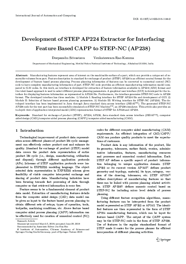 (PDF) Development of STEP AP224 Extractor for Interfacing Feature Based ...