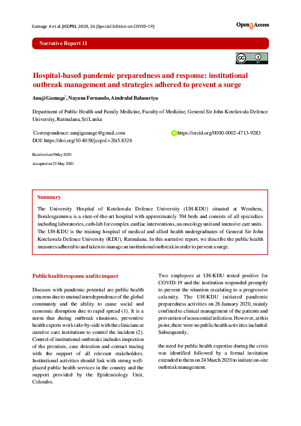 (PDF) Hospital-based pandemic preparedness and response: institutional ...