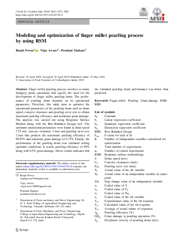 (PDF) Modeling and optimization of finger millet pearling process by using RSM | Ranjit Powar ...