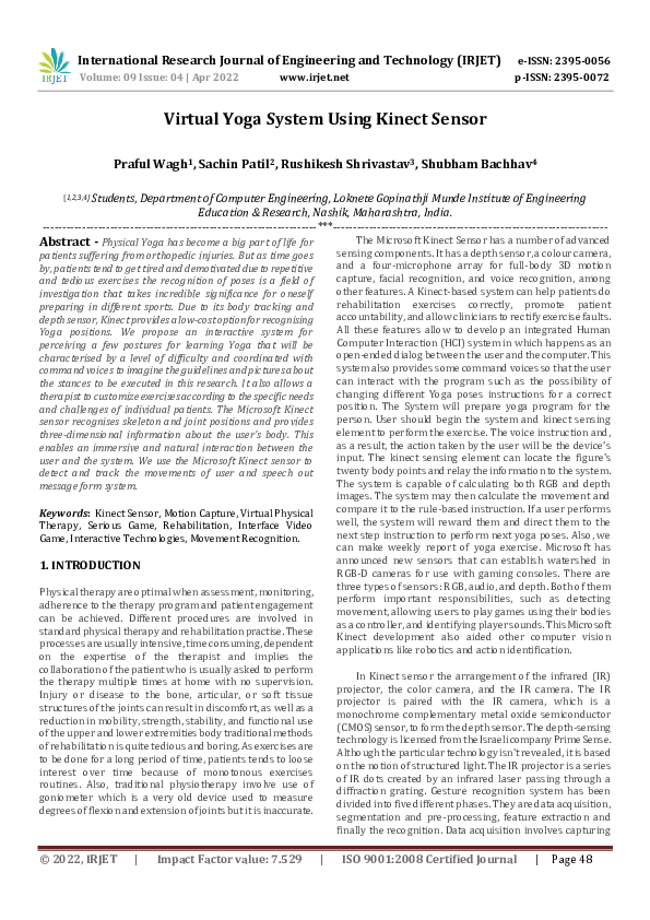 (PDF) Virtual Yoga System Using Kinect Sensor