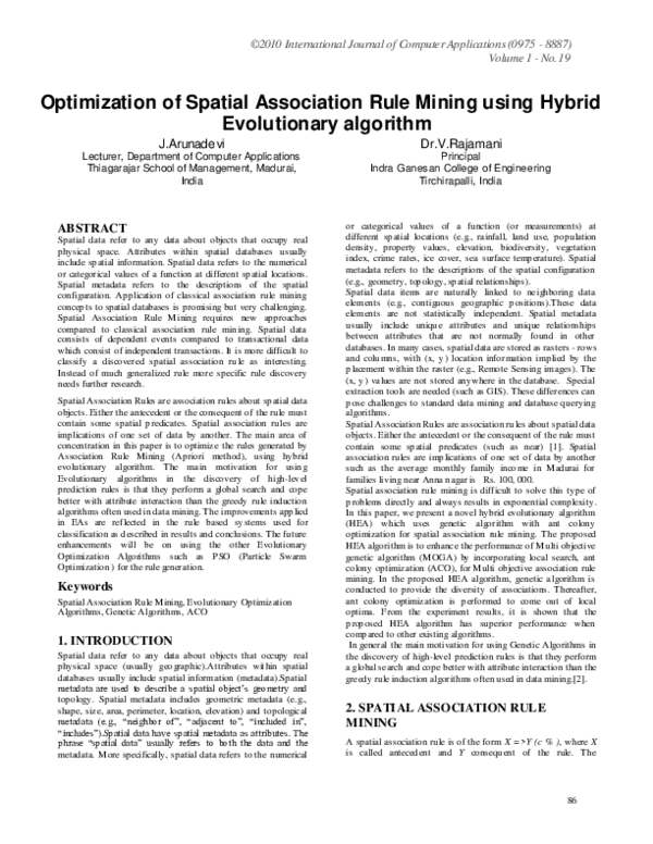 Pdf Optimization Of Spatial Association Rule Mining Using Hybrid Evolutionary Algorithm V