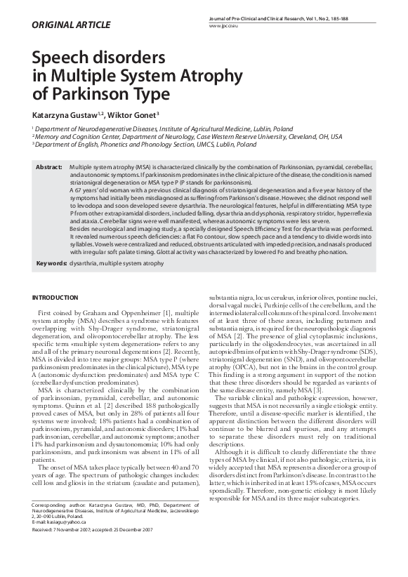 (PDF) Speech disorders in Multiple System Atrophy of Parkinson Type