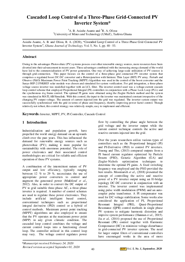 (PDF) Cascaded Loop Control of a Three-Phase Grid-Connected PV Inverter System | Robert Ofosu ...