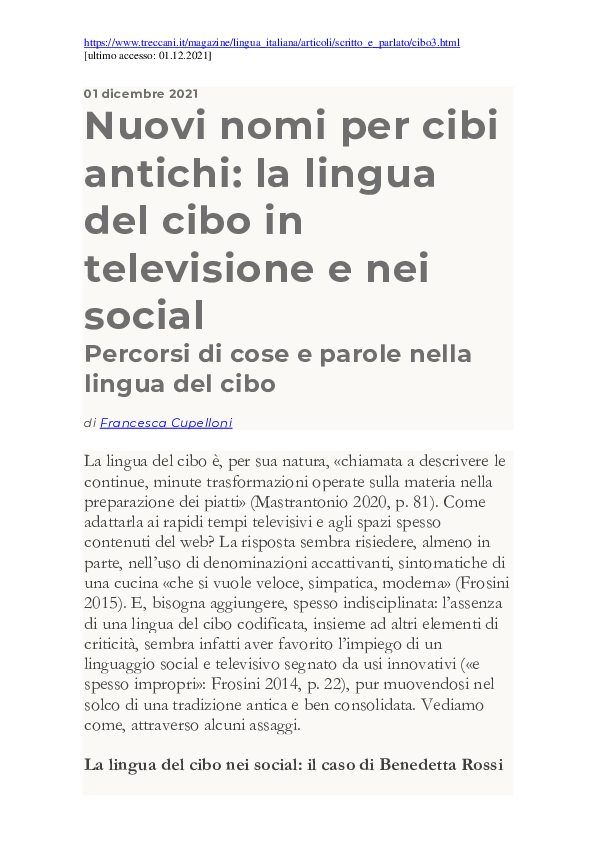 (PDF) Nuovi nomi per cibi antichi: la lingua del cibo in televisione e ...