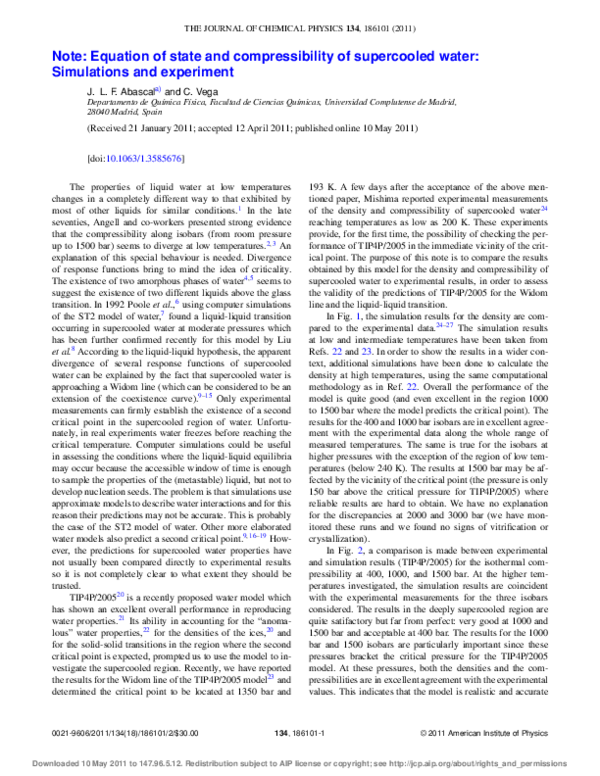 (PDF) Note: Equation of state and compressibility of supercooled water ...