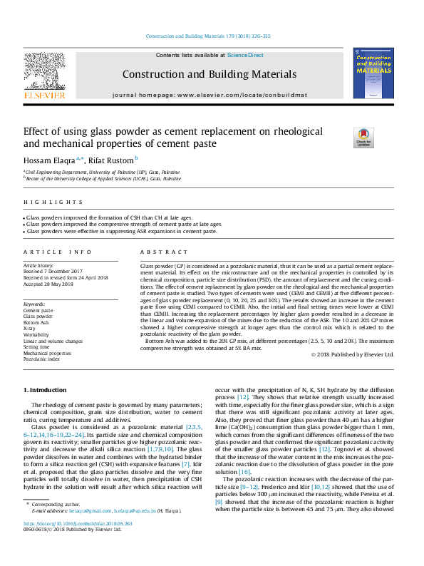 (PDF) Effect of using glass powder as cement replacement on rheological and mechanical ...