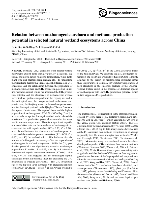 (PDF) Relation between methanogenic archaea and methane production potential in selected natural ...