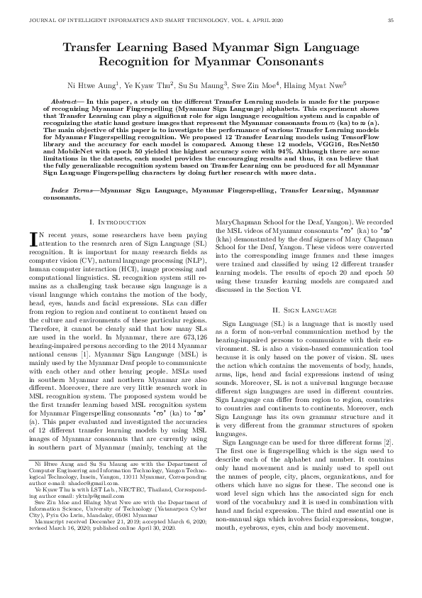 (PDF) Transfer Learning Based Myanmar Sign Language Recognition for ...