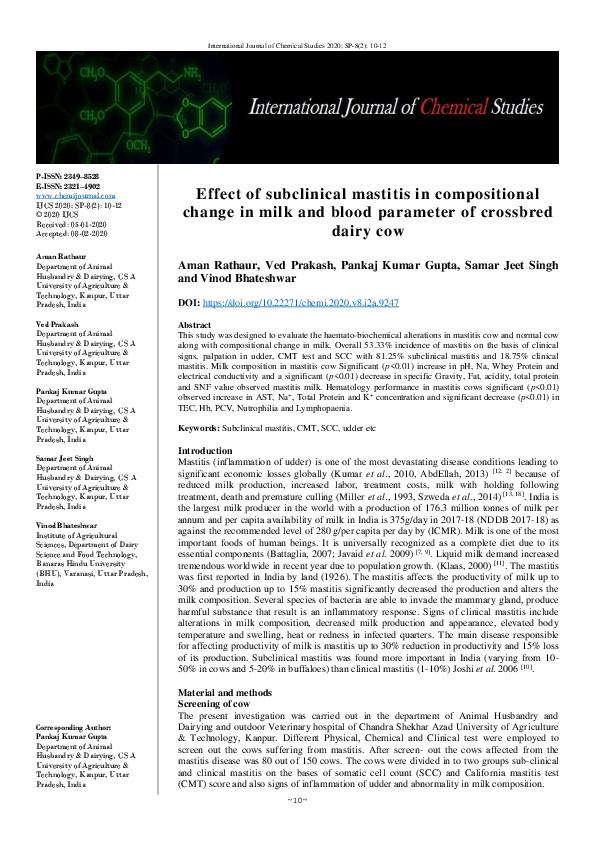 (PDF) Subclinical Mastitis Effects on Milk & Blood