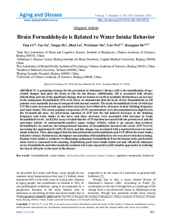 (PDF) Brain Formaldehyde is Related to Water Intake behavior