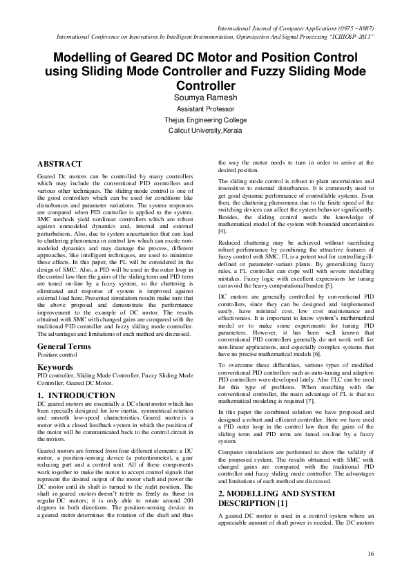 Pdf Modelling Of Geared Dc Motor And Position Control Using Sliding Mode Controller And Fuzzy