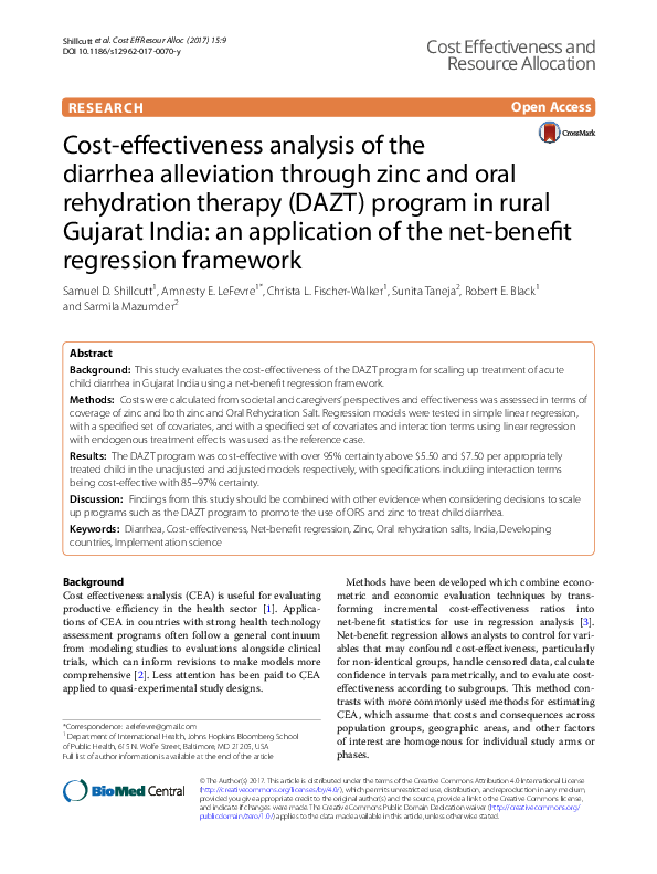 (PDF) Cost-effectiveness analysis of the diarrhea alleviation through zinc and oral rehydration ...