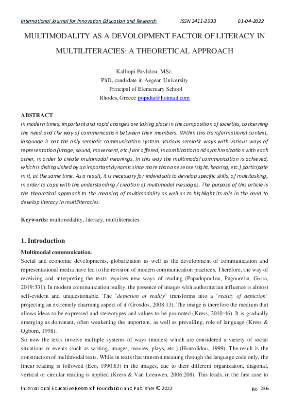(PDF) Multimodality as a Devolopment Factor of Literacy in Multiliteracies
