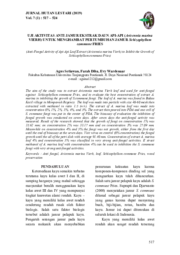 (PDF) UJI AKTIVITAS ANTI JAMUR EKSTRAK DAUN API-API (Avicennia marina ...