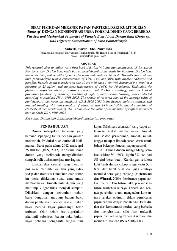 (PDF) SIFAT FISIK DAN MEKANIK PAPAN PARTIKEL DARI KULIT DURIAN (Durio sp) DENGAN KONSENTRASI ...