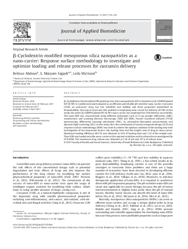 (PDF) β-Cyclodextrin modified mesoporous silica nanoparticles as a nano-carrier: Response ...