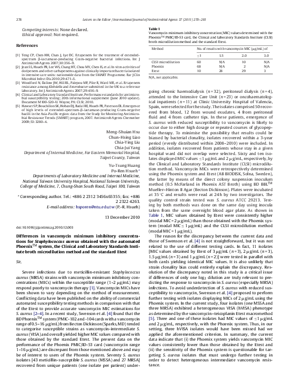 Pdf Differences In Vancomycin Minimum Inhibitory Concentrations For Staphylococcus Aureus