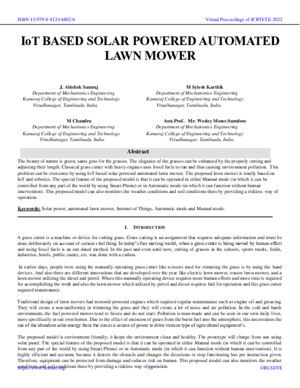 (PDF) IoT BASED SOLAR POWERED AUTOMATED LAWN MOWER