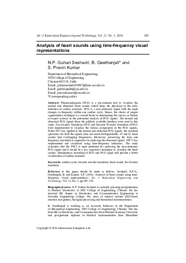 Pdf Analysis Of Heart Sounds Using Time Frequency Visual Representations