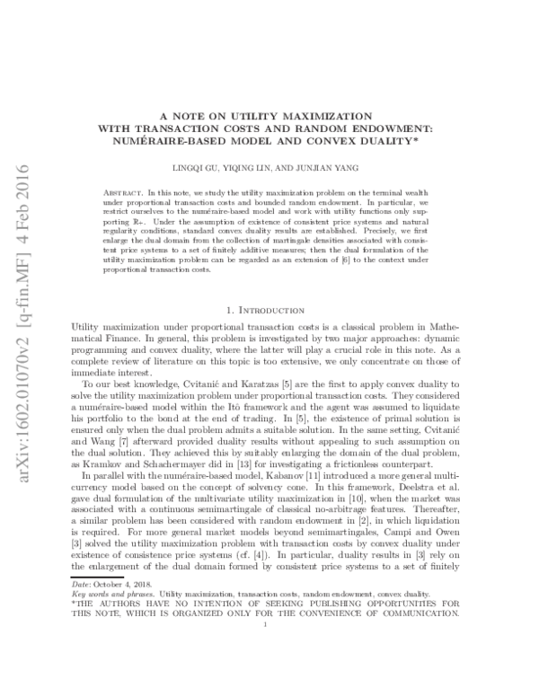 Pdf A Note On Utility Maximization With Transaction Costs And Random Endoment Numeraire