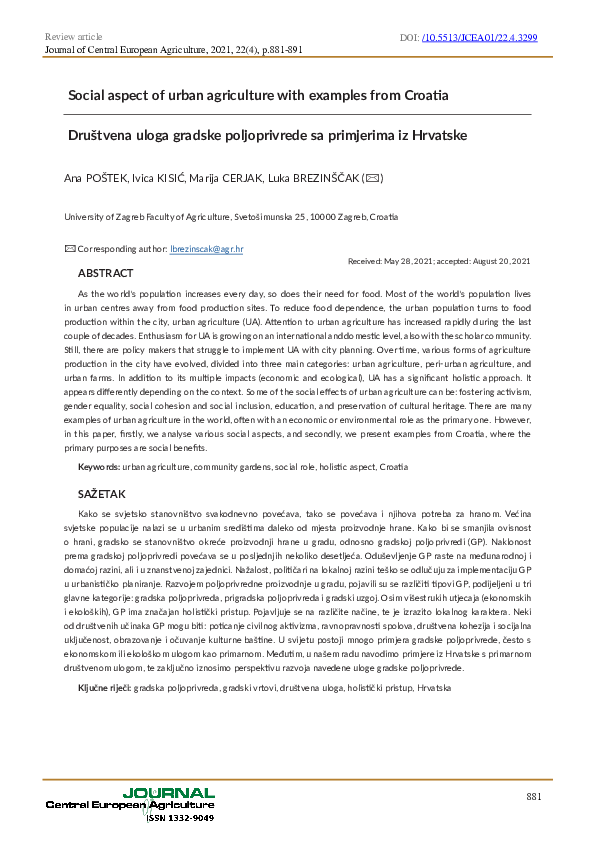 (PDF) Social aspect of urban agriculture with examples from Croatia