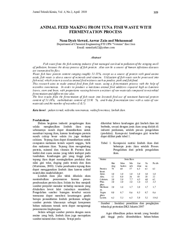(PDF) Animal Feed Making from Tuna Fish Waste with Fermentation Process
