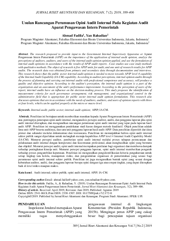(PDF) Usulan Rancangan Perumusan Opini Audit Internal Pada Kegiatan ...