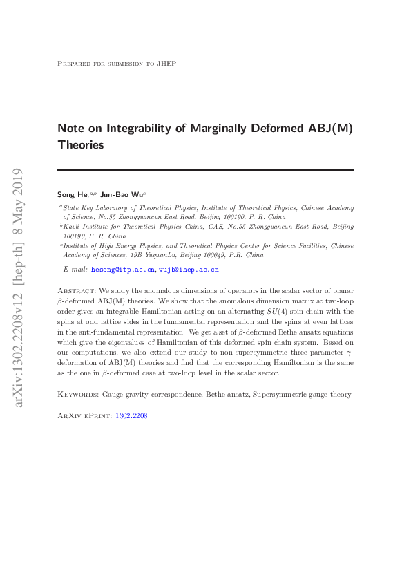 (PDF) Note on integrability of marginally deformed ABJ(M) theories ...