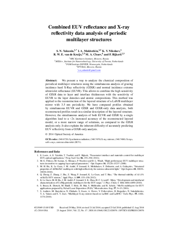 (PDF) Combined EUV reflectance and X-ray reflectivity data analysis of periodic multilayer ...