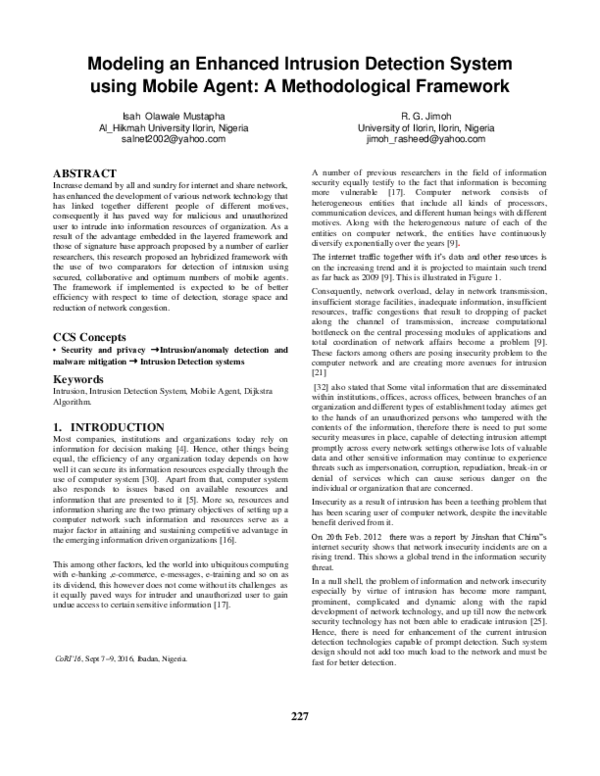 Pdf Modeling An Enhanced Intrusion Detection System Using Mobile Agent A Methodological Framework