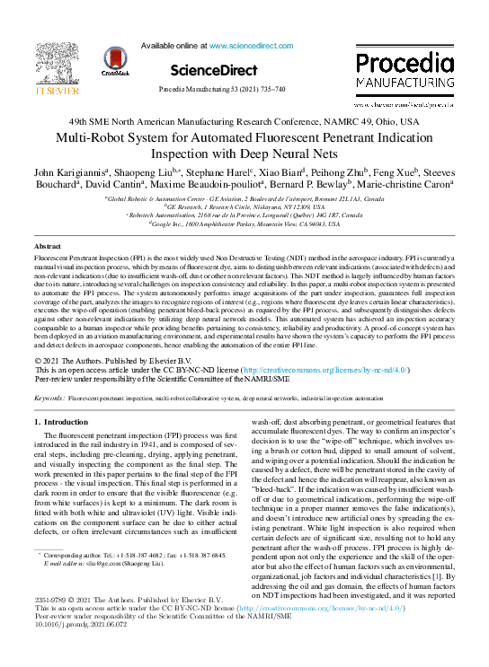 (PDF) Multi-Robot System for Automated Fluorescent Penetrant Indication Inspection with Deep ...