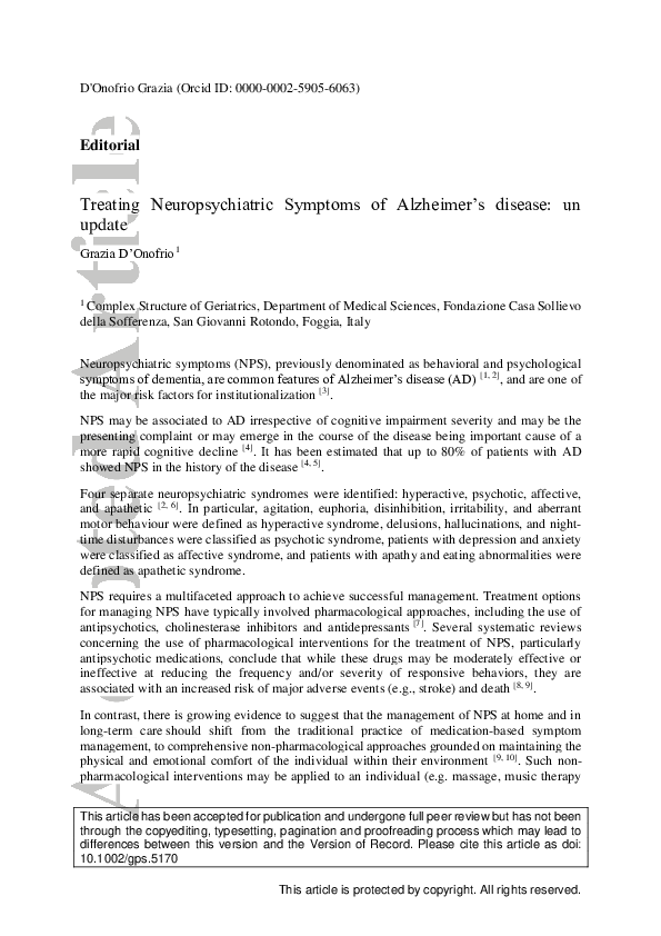 (PDF) Treating Neuropsychiatric Symptoms of Alzheimer's disease: un update