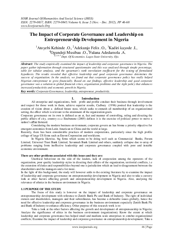 (PDF) The Impact of Corporate Governance and Leadership on Entrepreneurship Development in Nigeria