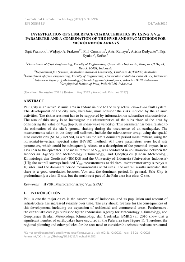 (PDF) Investigation of Subsurface Characteristics by using a Vs30 Parameter and a Combination of ...