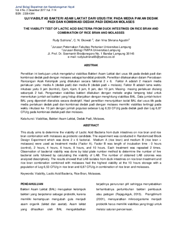 (PDF) Uji Viabilitas Bakteri Asam Laktat Dari Usus Itik Pada Media Pakan Dedak Padi Dan ...
