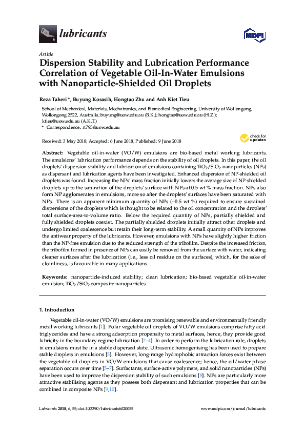 (PDF) Dispersion Stability and Lubrication Performance Correlation of Vegetable Oil-In-Water ...