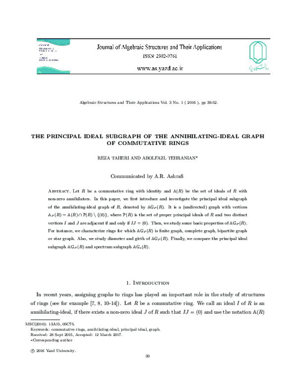 (PDF) The principal ideal subgraph of the annihilating-ideal graph of ...