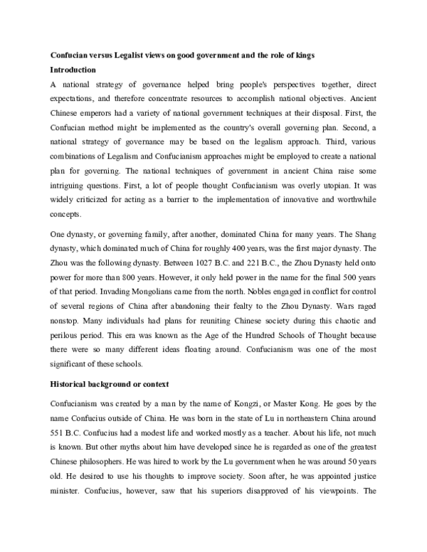 (DOC) Confucian versus Legalist views on good government and the role ...