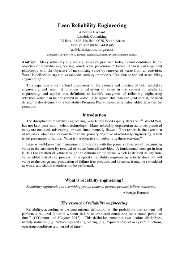 (PDF) Lean Reliability Engineering