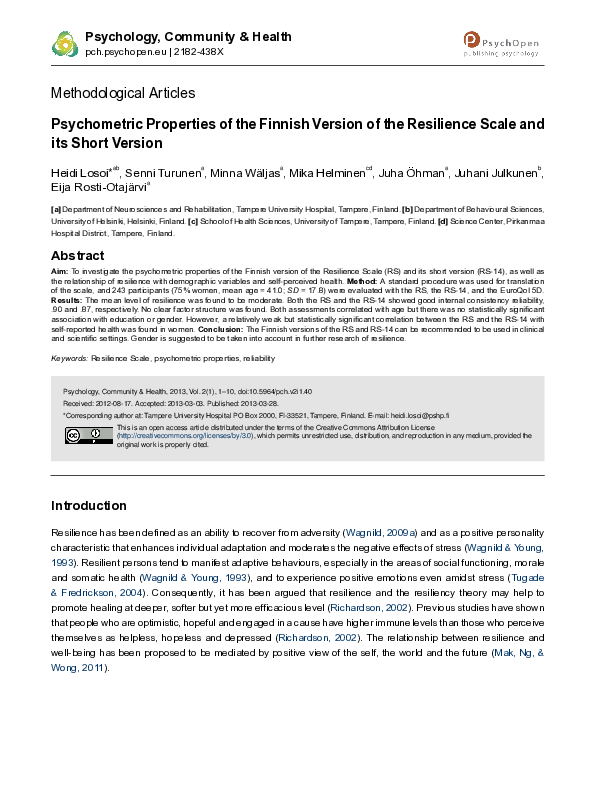 (PDF) Psychometric Properties of the Finnish Version of the Resilience ...