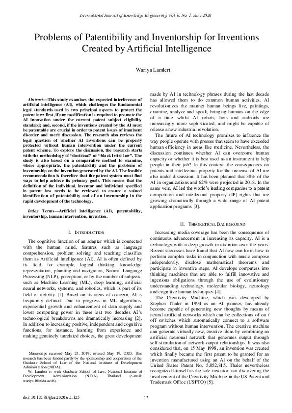 (PDF) Problems of Patentibility and Inventorship for Inventions Created ...