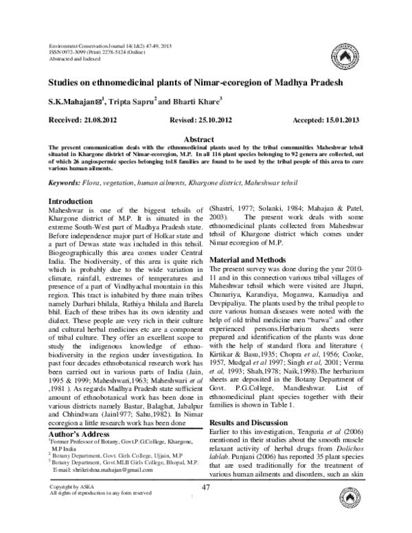 (PDF) Studies on ethnomedicinal plants of Nimar-ecoregion of Madhya Pradesh