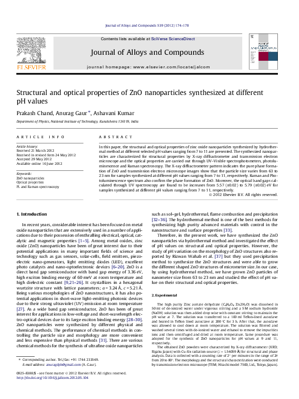 (PDF) Structural and optical properties of ZnO nanoparticles ...