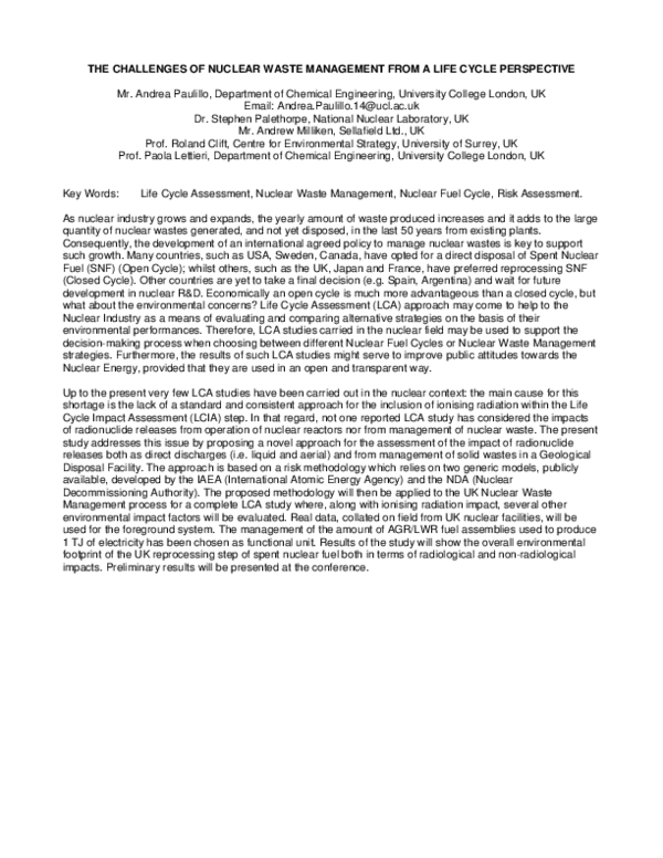 (PDF) The challenges of nuclear waste management from a life cycle ...