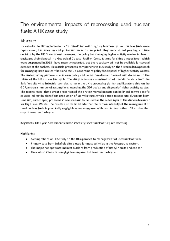 (PDF) The environmental impacts of reprocessing used nuclear fuels: A ...