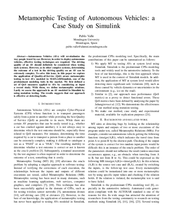 (PDF) Metamorphic Testing of Autonomous Vehicles: A Case Study on ...