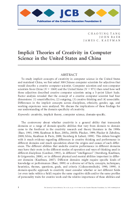 (PDF) Creativity in Computer Science: US vs China Perspectives